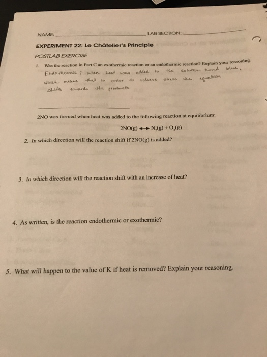 Solved LAB SECTION NAME: EXPERIMENT 22: Le Châtelier's | Chegg.com