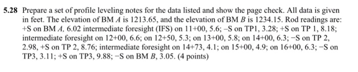 Solved 5.28 Prepare a set of profile leveling notes for the | Chegg.com