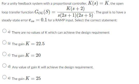 Solved For a unity feedback system with a proportional | Chegg.com