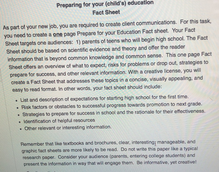 Solved Preparing for your (child's) education Fact Sheet As | Chegg.com
