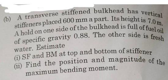 (b) A transverse stiffened bulkhead has vertical | Chegg.com