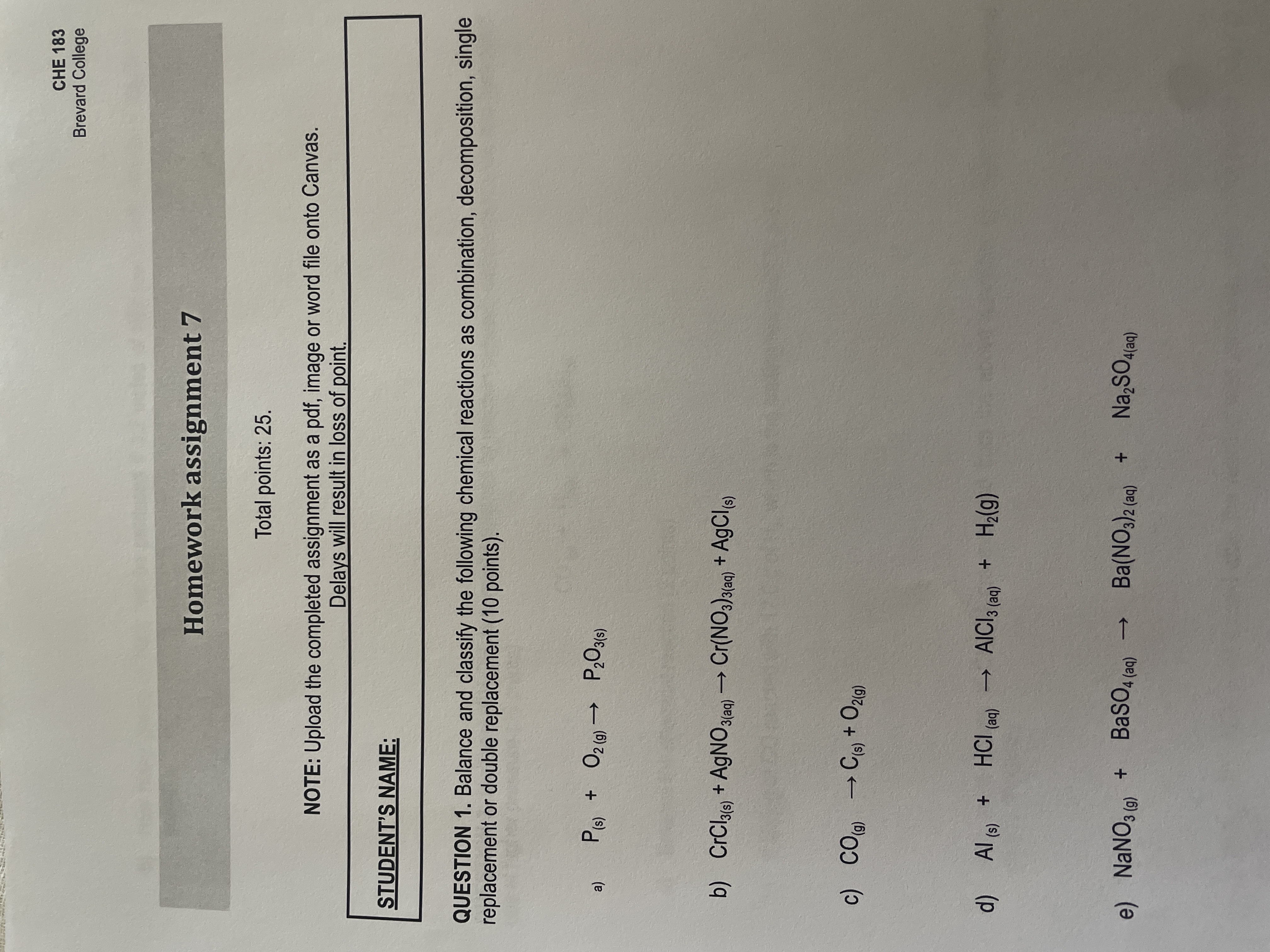 Solved Balance and classify the following chemical reactions | Chegg.com