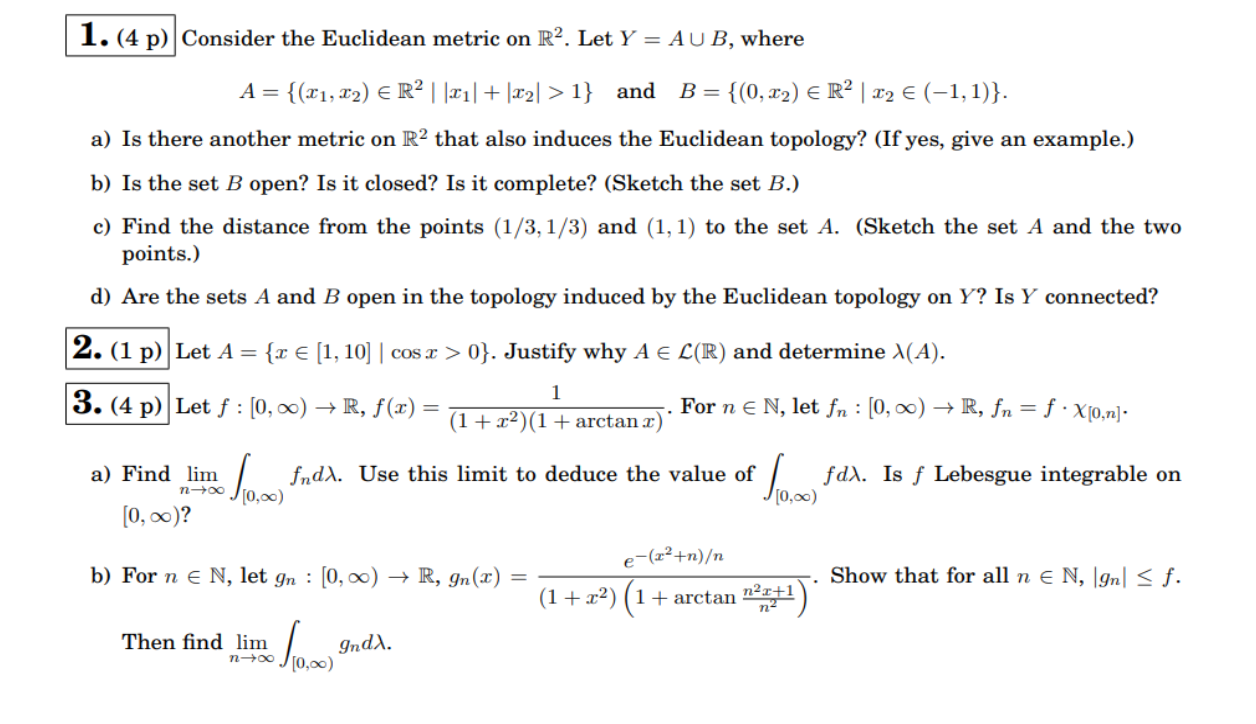 Solved 1. (4 p) Consider the Euclidean metric on Rể. Let Y = | Chegg.com
