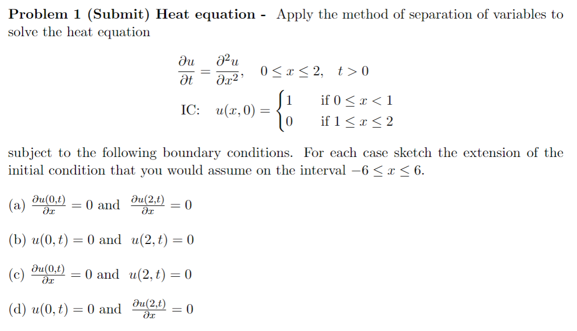 Solved Problem 1 (Submit) Heat equation - Apply the method | Chegg.com