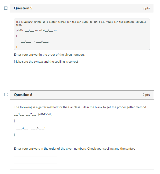 Solved D Question 5 3 pts The following method is a setter | Chegg.com