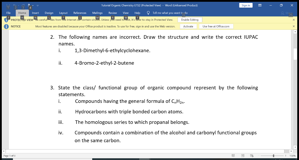 Solved Tutorial Organic Chemistry E152 (Protected View) - | Chegg.com