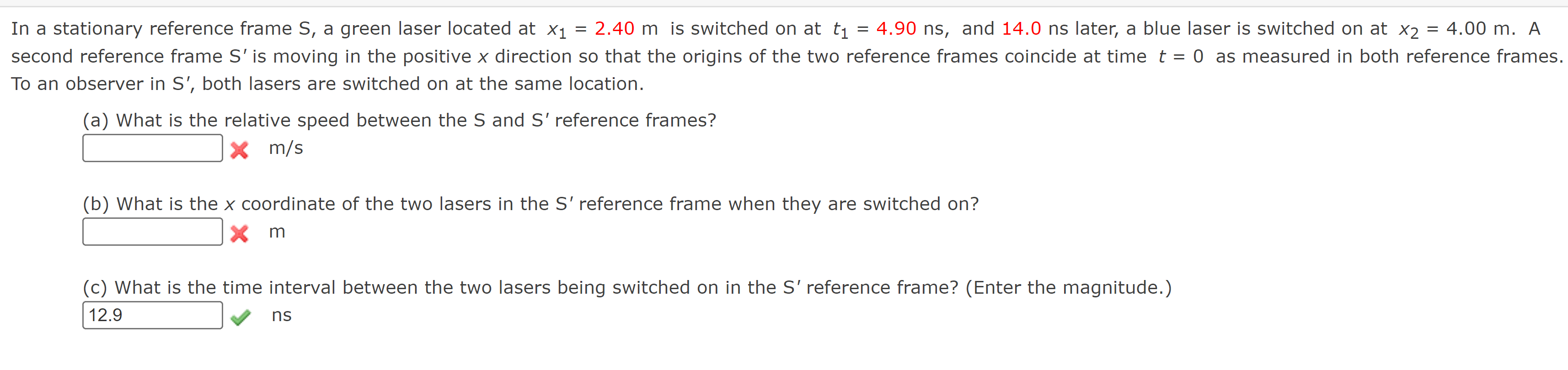 Solved In a stationary reference frame S, a green laser | Chegg.com