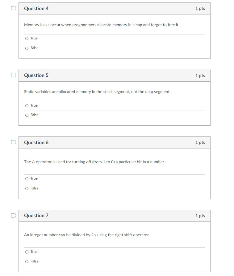 Solved Question 4 1 pts Memory leaks occur when programmers | Chegg.com