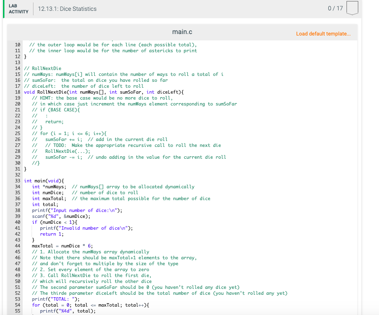 Solved 12.13 Dice Statistics This lab calculates the number | Chegg.com