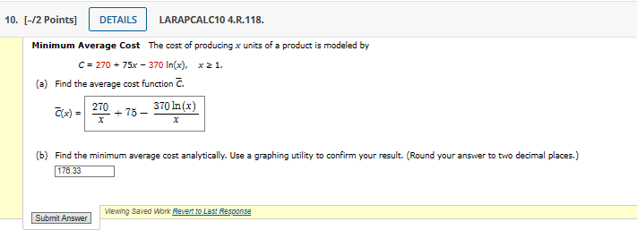Solved Minimum Average Cost The cost of producing x units of | Chegg.com