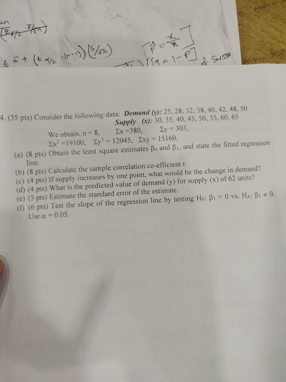 Solved 4. (35 pts) Consider the following data: Demand | Chegg.com