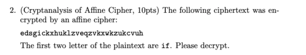 Solved 2. (Cryptanalysis of Affine Cipher, 10pts) The | Chegg.com