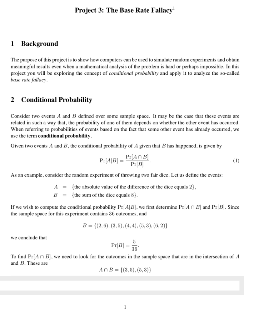 Project 3: The Base Rate Fallacy' 1 Background The | Chegg.com