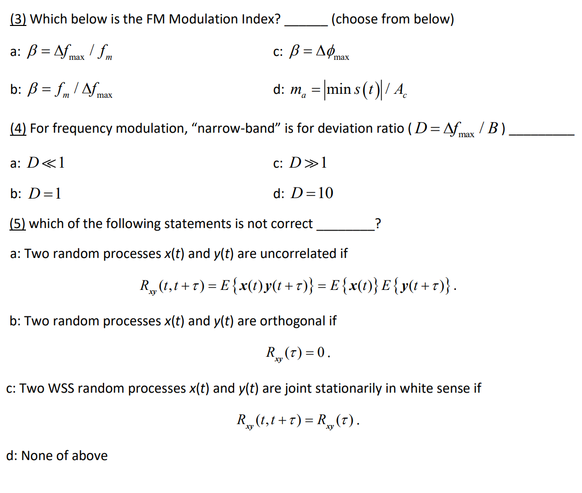 Solved (3) Which below is the FM Modulation Index? (choose | Chegg.com