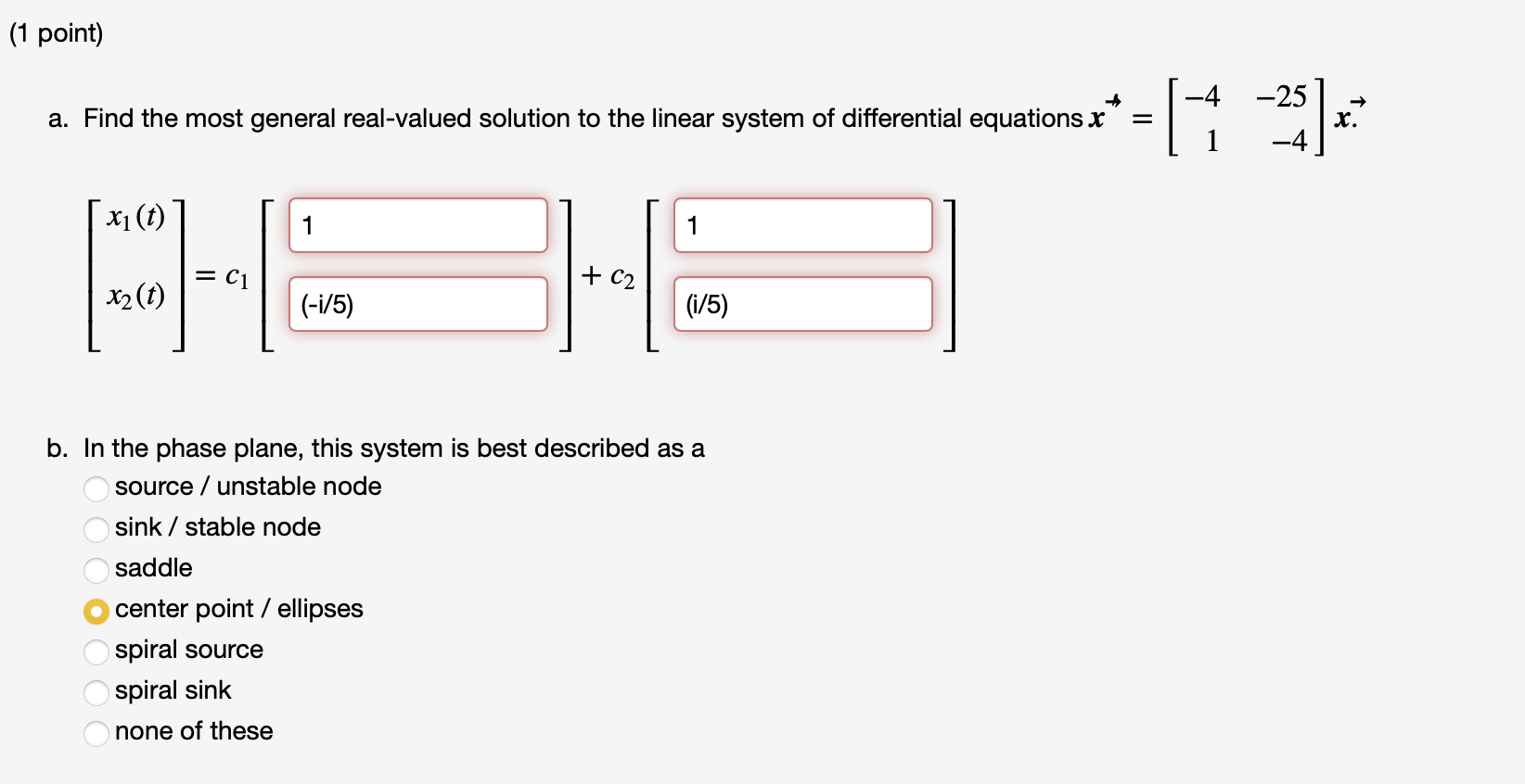 Solved (1 point) -4 -25 a. Find the most general real-valued | Chegg.com