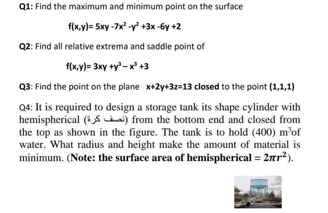 Solved Q1: Find the maximum and minimum point on the surface | Chegg.com