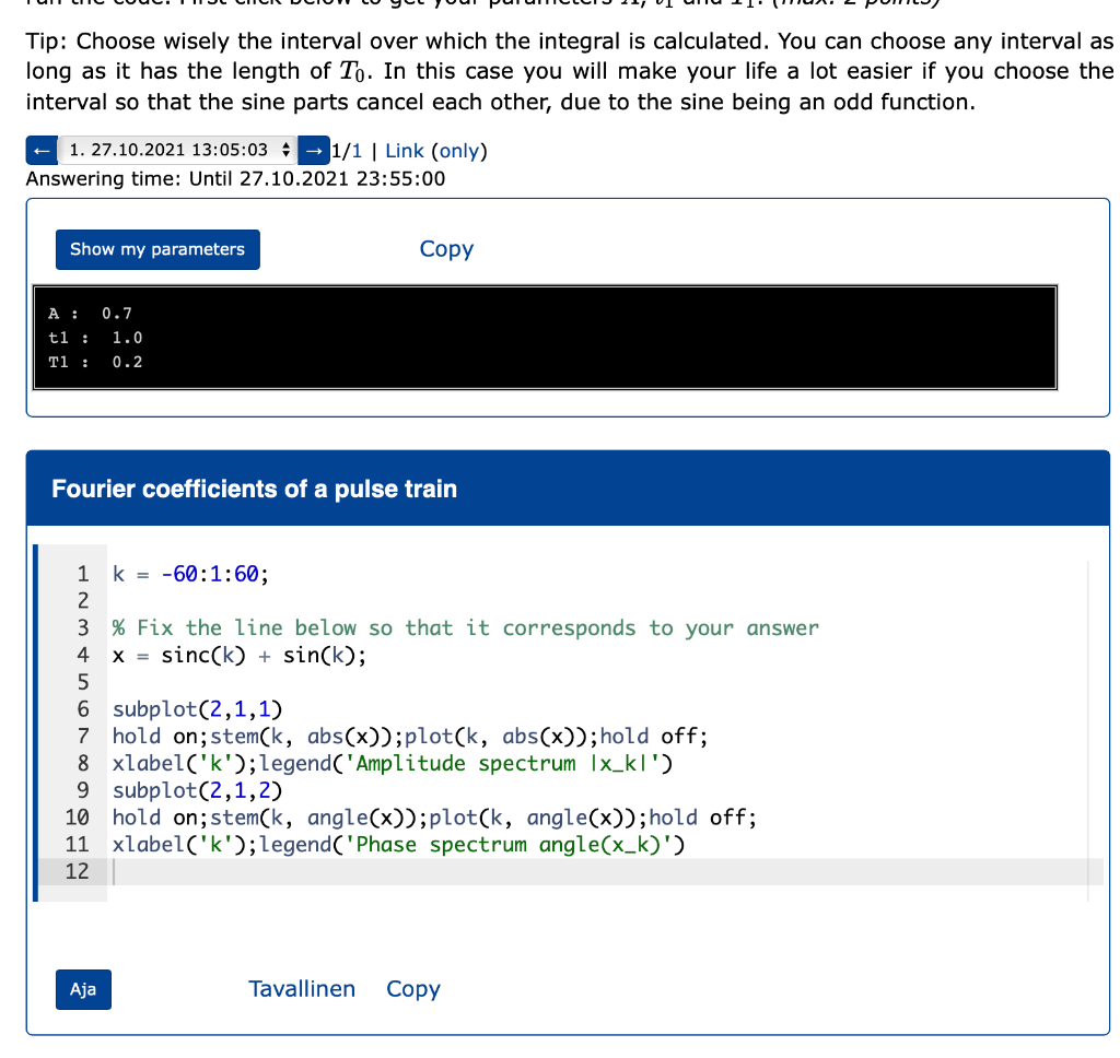 Task 2: Fourier coefficients of a pulse train nx(t) T | Chegg.com