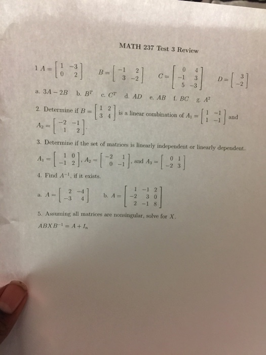 Solved MATH 237 Test 3 Review 1A1-3 B-1 2 3 -2 5 -3 [3 4]isa | Chegg.com