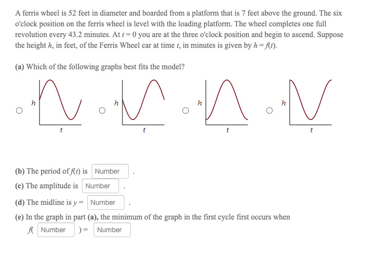 Solved A ferris wheel is 52 feet in diameter and boarded | Chegg.com