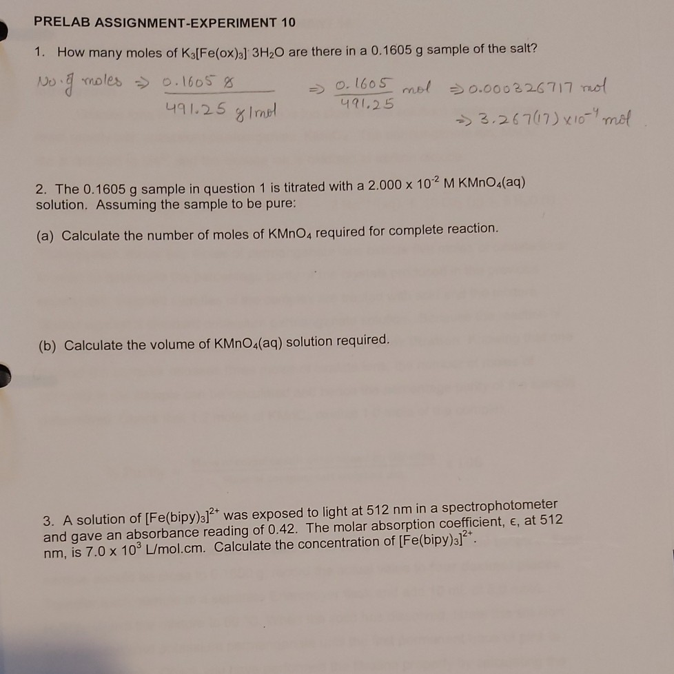 Solved PRELAB ASSIGNMENT-EXPERIMENT 10 1. How many moles of | Chegg.com