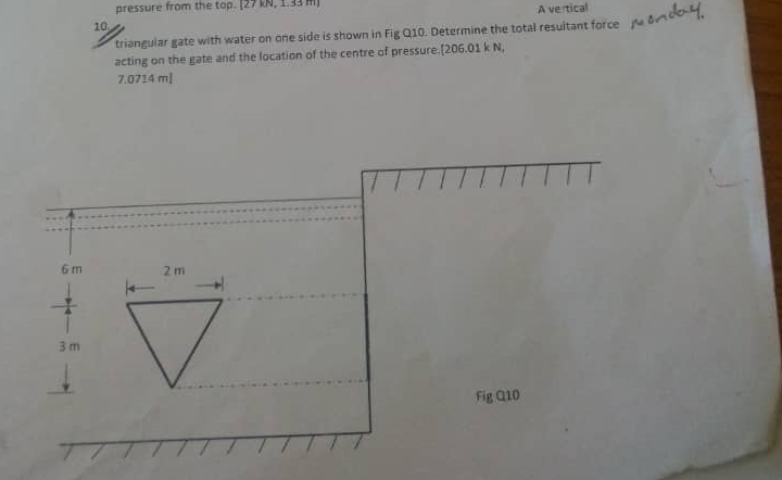 Solved 10. A vertical triangular gate with water on ane side | Chegg.com