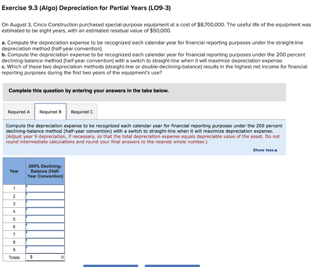 Solved Exercise 9.3 (Algo) Depreciation for Partial Years | Chegg.com