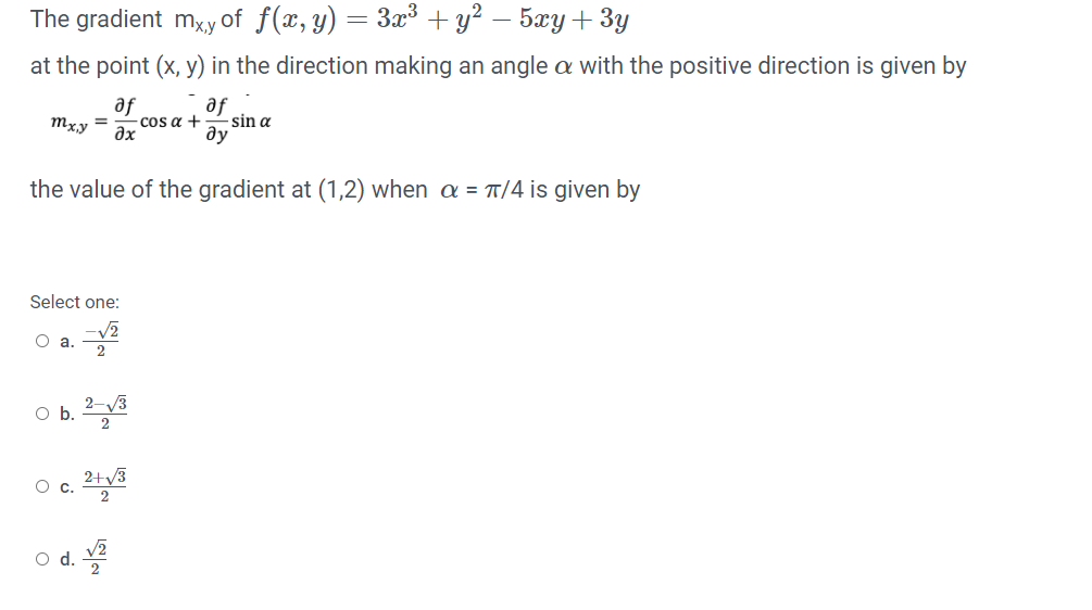 Solved The gradient mx,y of f(x, y) = 3x3 + y2 – 5xy + 3y at | Chegg.com