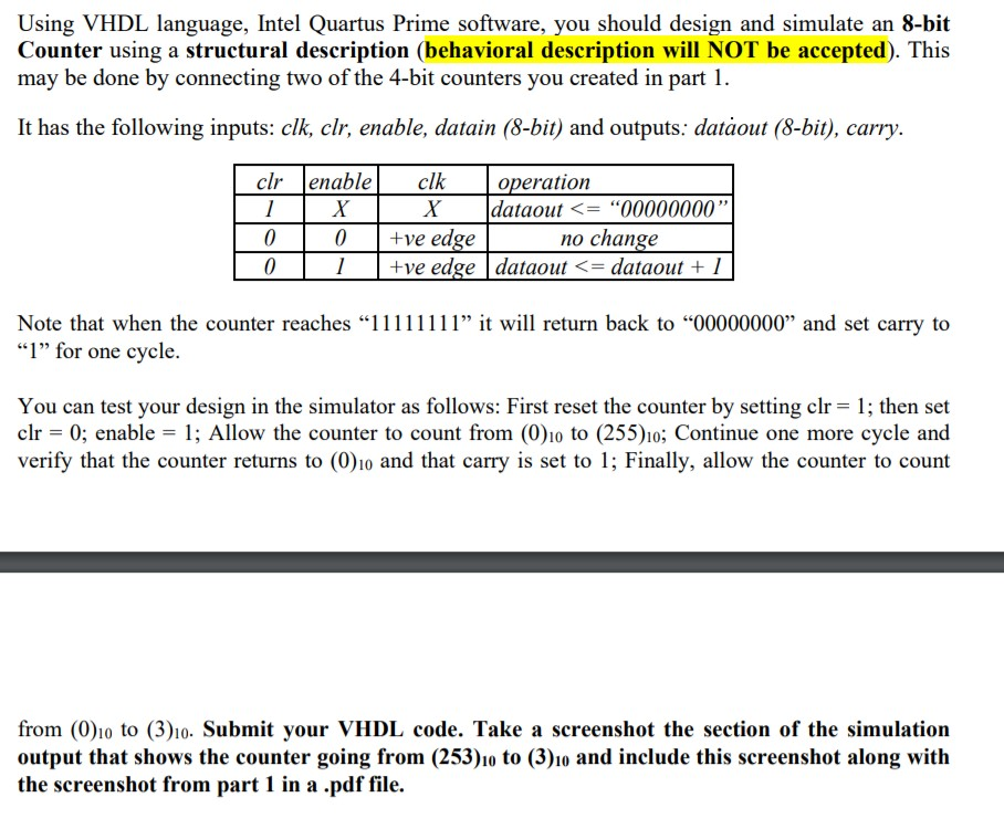 Using VHDL language, Intel Quartus Prime software, | Chegg.com