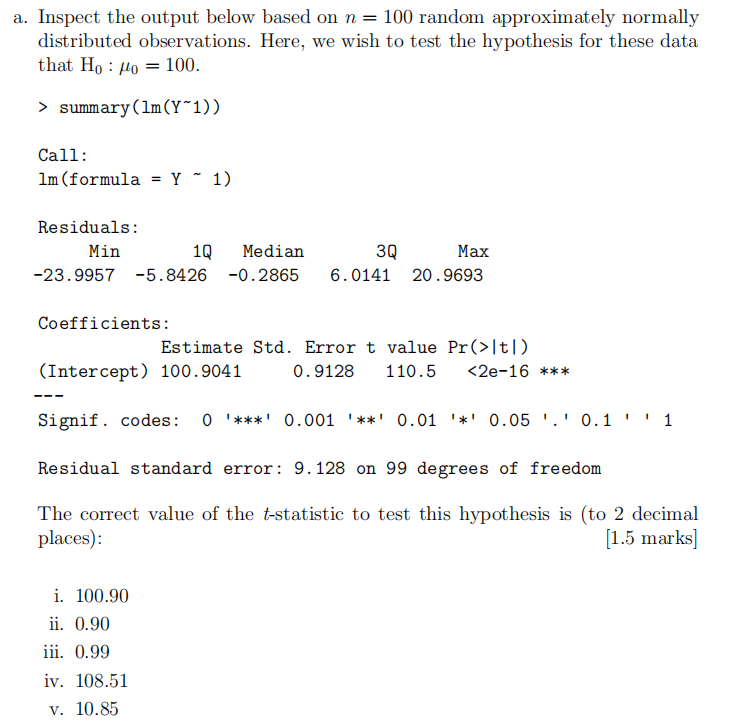 Solved a. Inspect the output below based on n=100 random | Chegg.com
