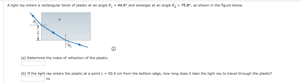 Solved A light ray enters a rectangular block of plastic at | Chegg.com