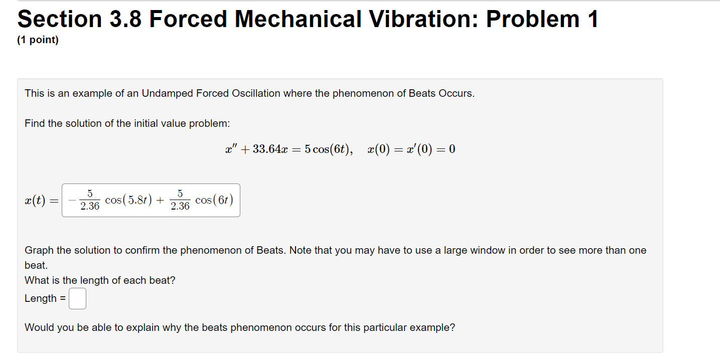 Solved Section 3.8 Forced Mechanical Vibration: Problem 1 (1 | Chegg.com