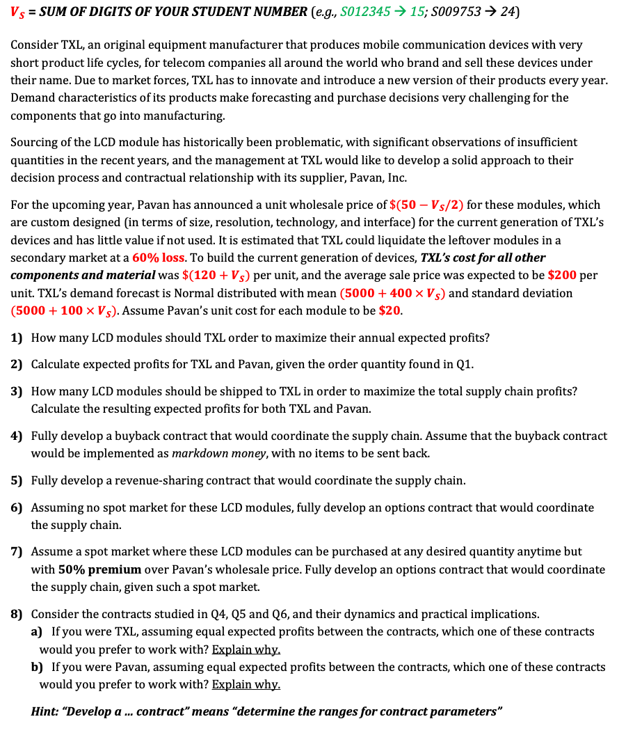 Solved VS= SUM OF DIGITS OF YOUR STUDENT NUMBER (e.g., | Chegg.com