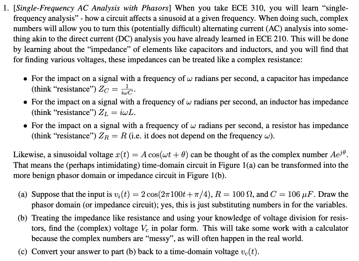 Solved 1 [single Frequency Ac Analysis With Phasors] When