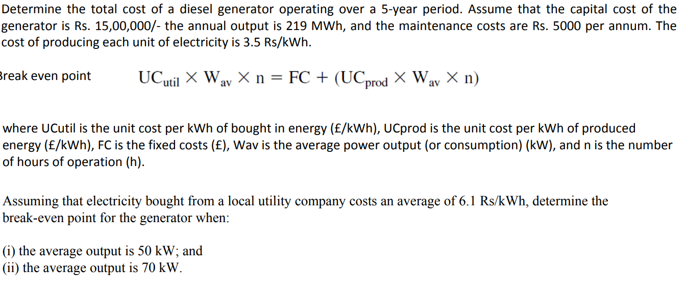 Solved Determine the total cost of a diesel generator | Chegg.com