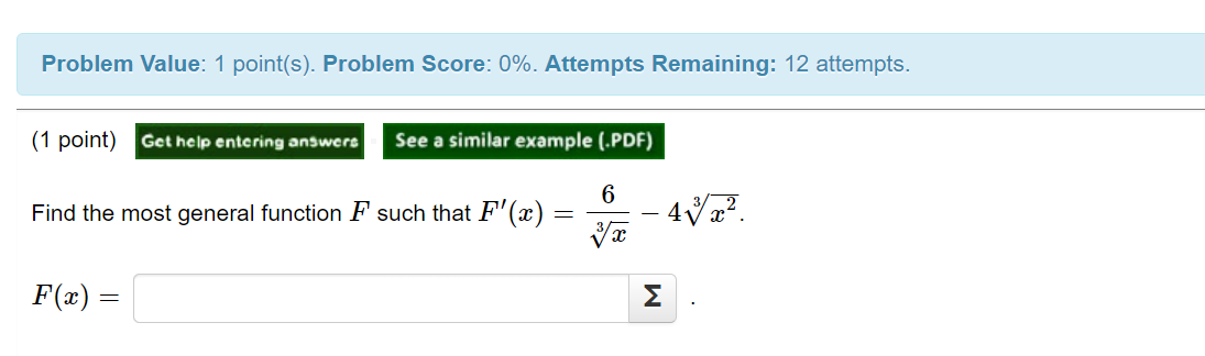 Solved (1 point) Find the most general function F such that | Chegg.com