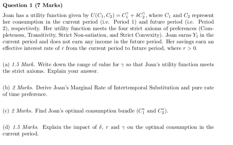 Question 1 (7 Marks) Joan has a utility function | Chegg.com