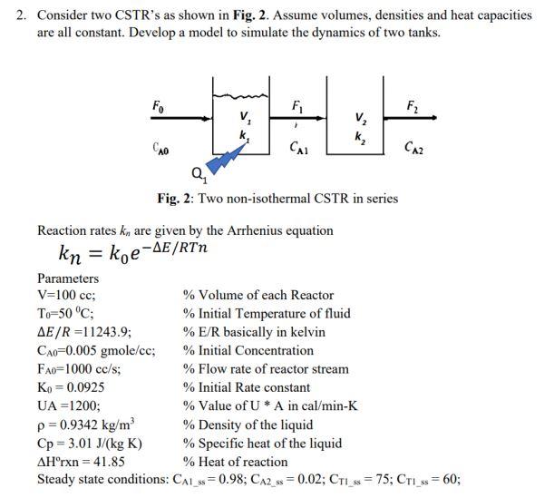 Solved 2. Consider two CSTR's as shown in Fig. 2. Assume | Chegg.com