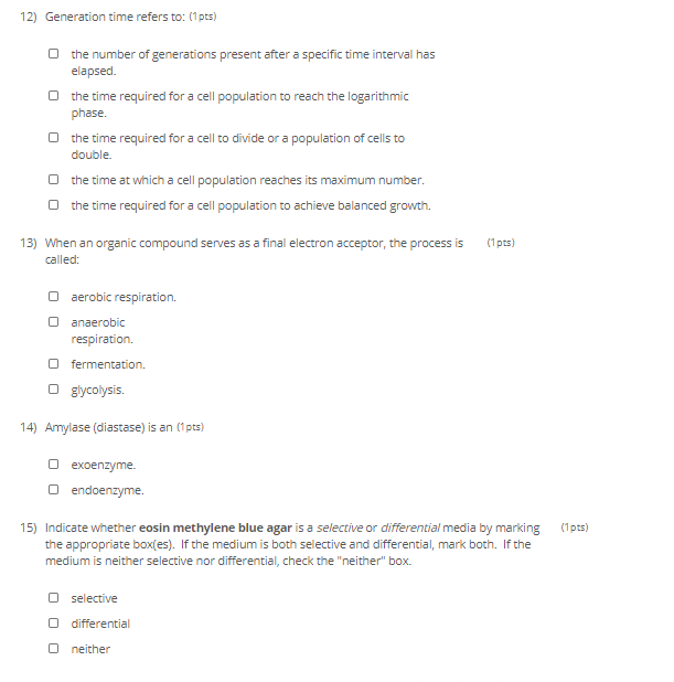 Solved 12) Generation time refers to: (1 pts) the number of | Chegg.com