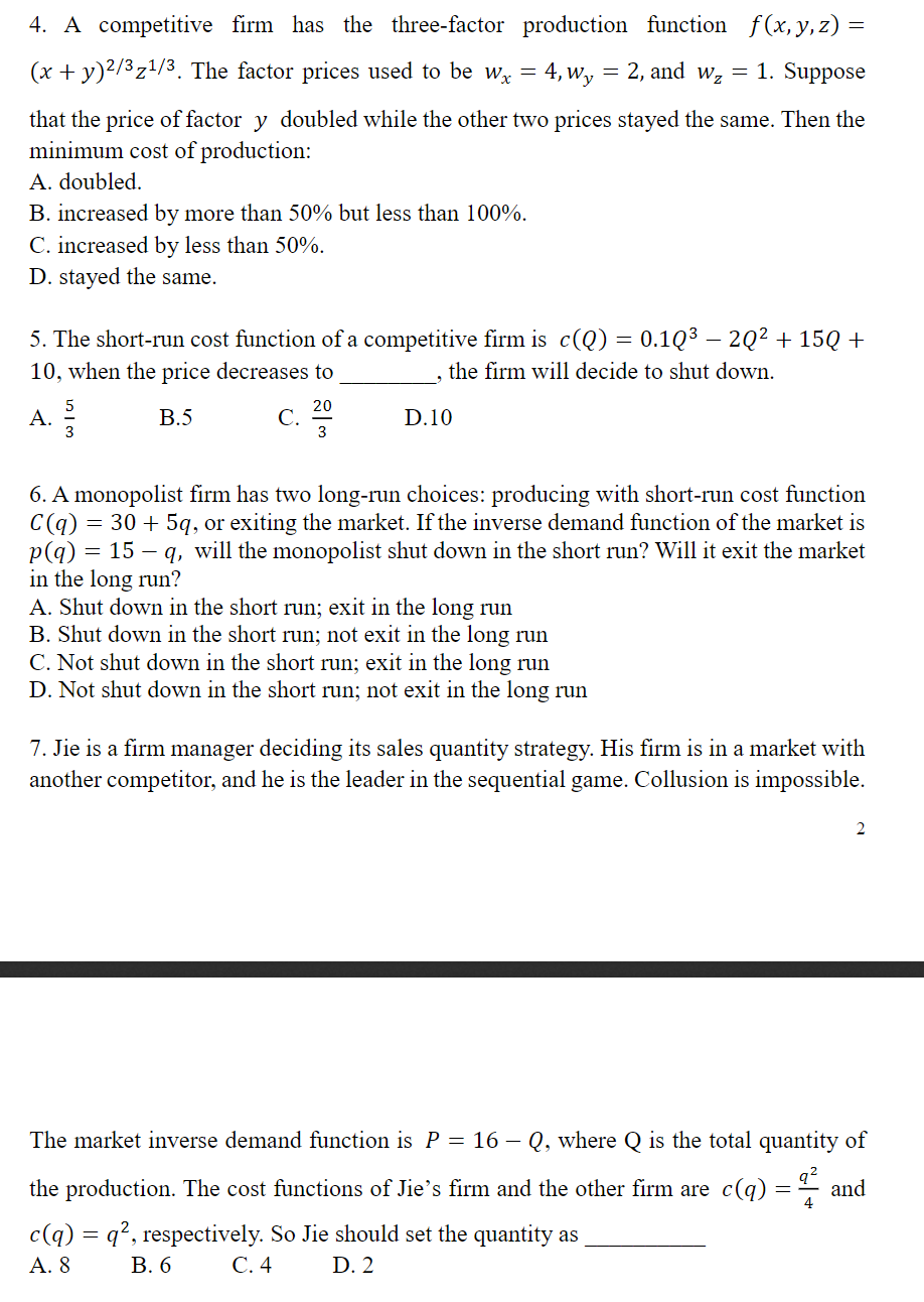 Solved 4. A competitive firm has the three-factor production | Chegg.com