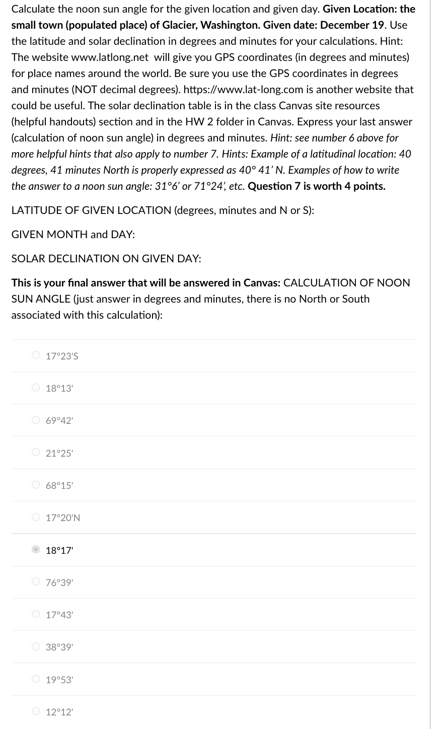 Solved Calculate the noon sun angle for the given location | Chegg.com