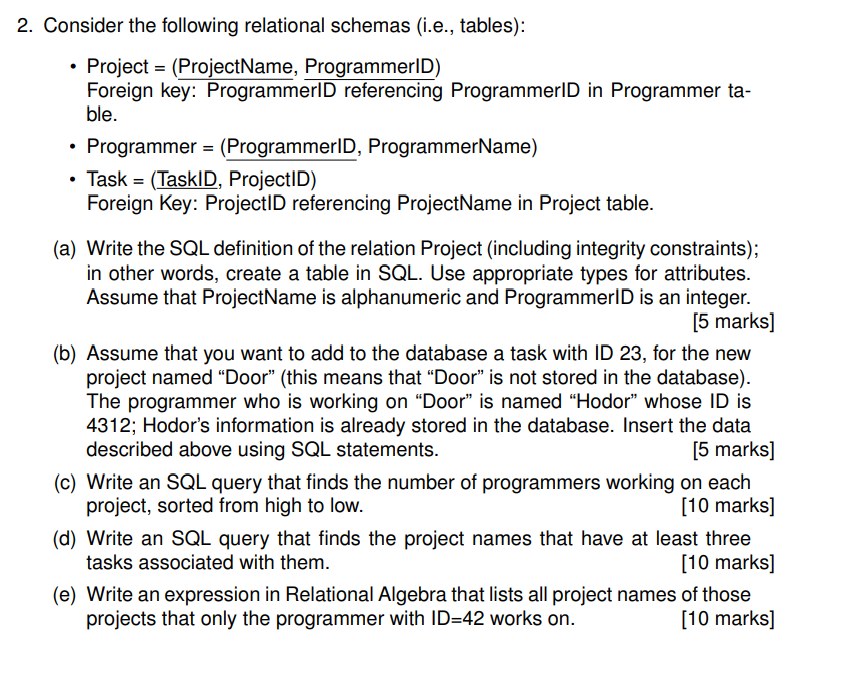 Solved 2. Consider the following relational schemas (i.e., | Chegg.com