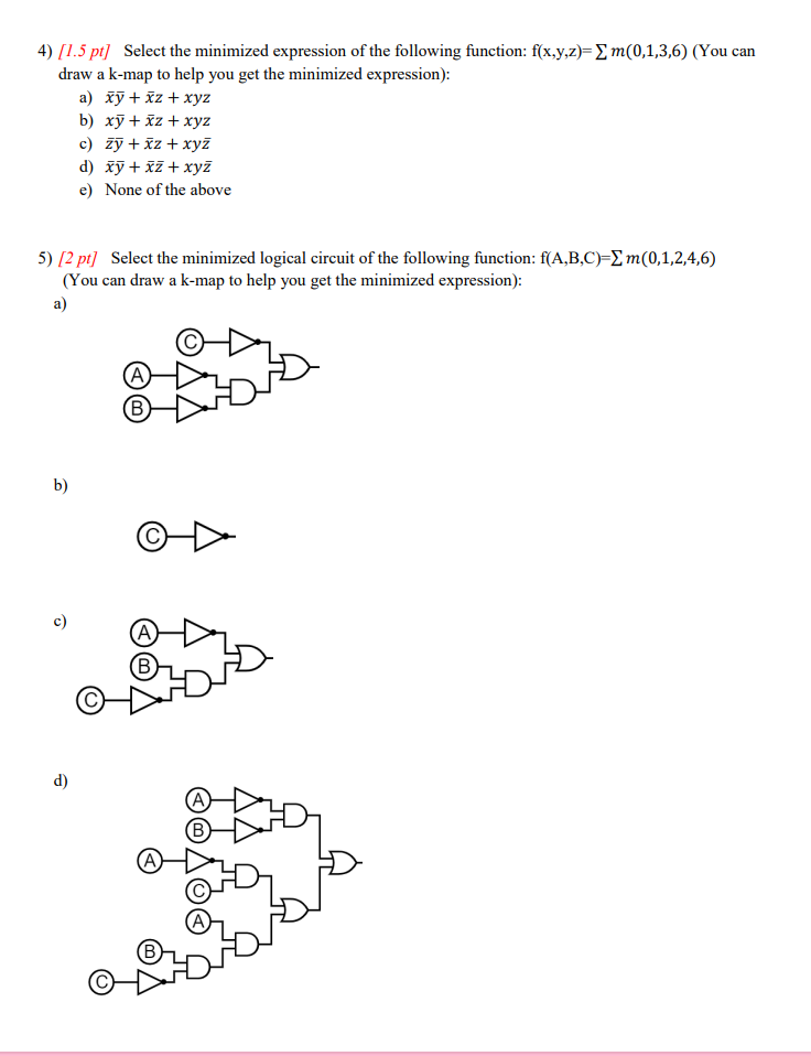 Solved 4) [1.5pt] Select the minimized expression of the | Chegg.com
