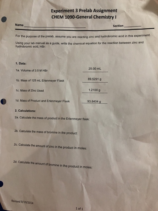 Experiment 3 Prelab Assignment CHEM 1090-General | Chegg.com