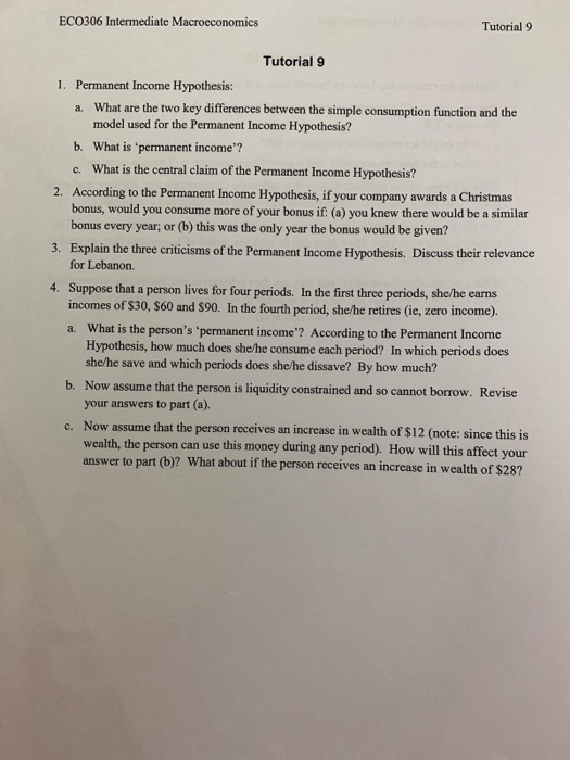 Solved ECO306 Intermediate Macroeconomics Tutorial 9 | Chegg.com