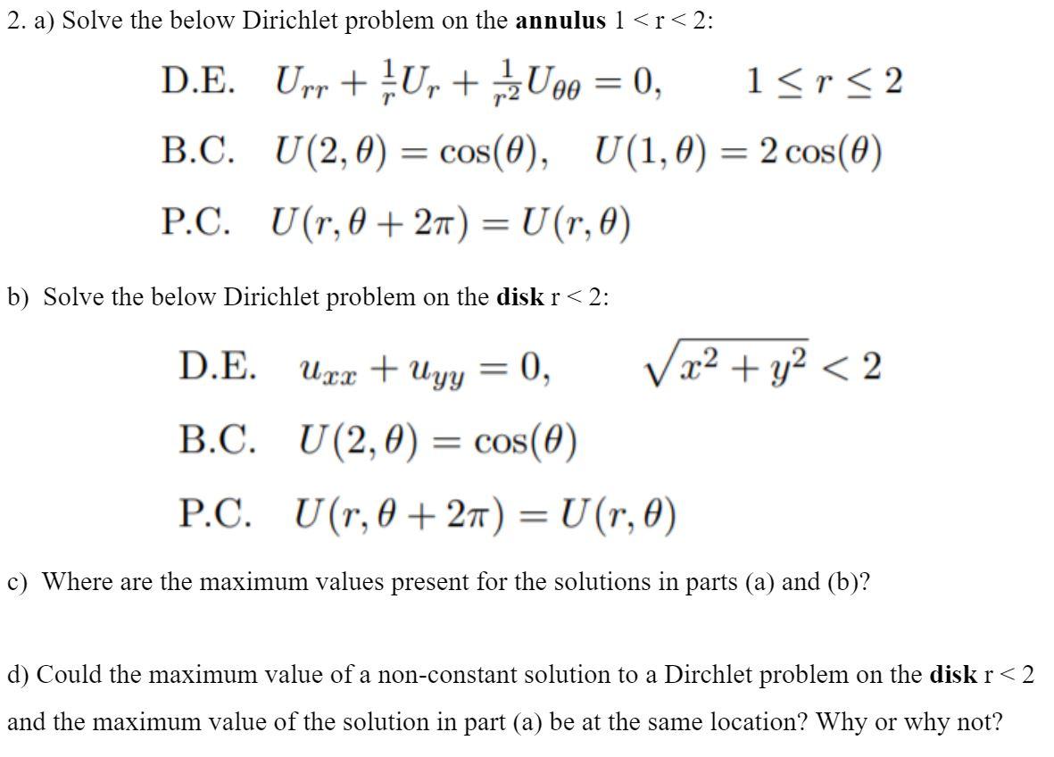 2. a) Solve the below Dirichlet problem on the | Chegg.com