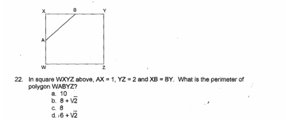 Solved w 22. In square WXYZ above, AX = 1, YZ = 2 and XB = | Chegg.com