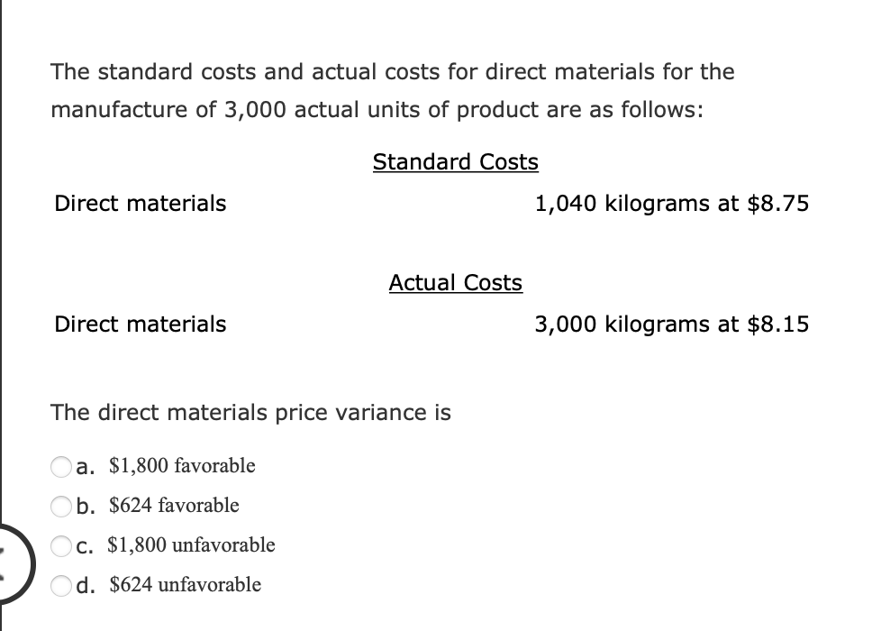Solved The standard costs and actual costs for direct | Chegg.com