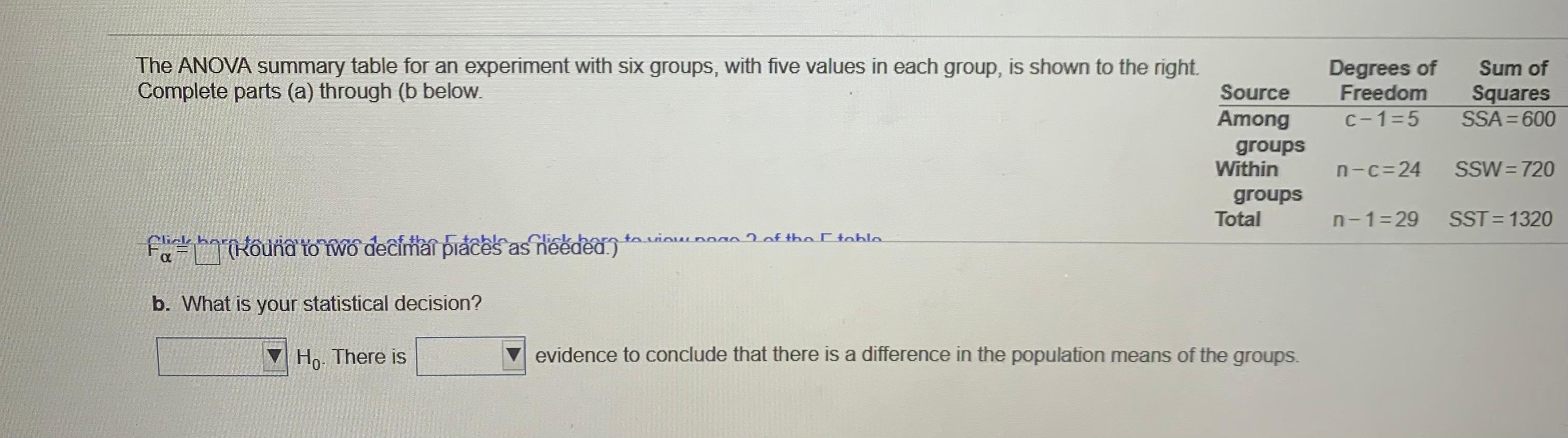 Solved The ANOVA summary table for an experiment with six | Chegg.com