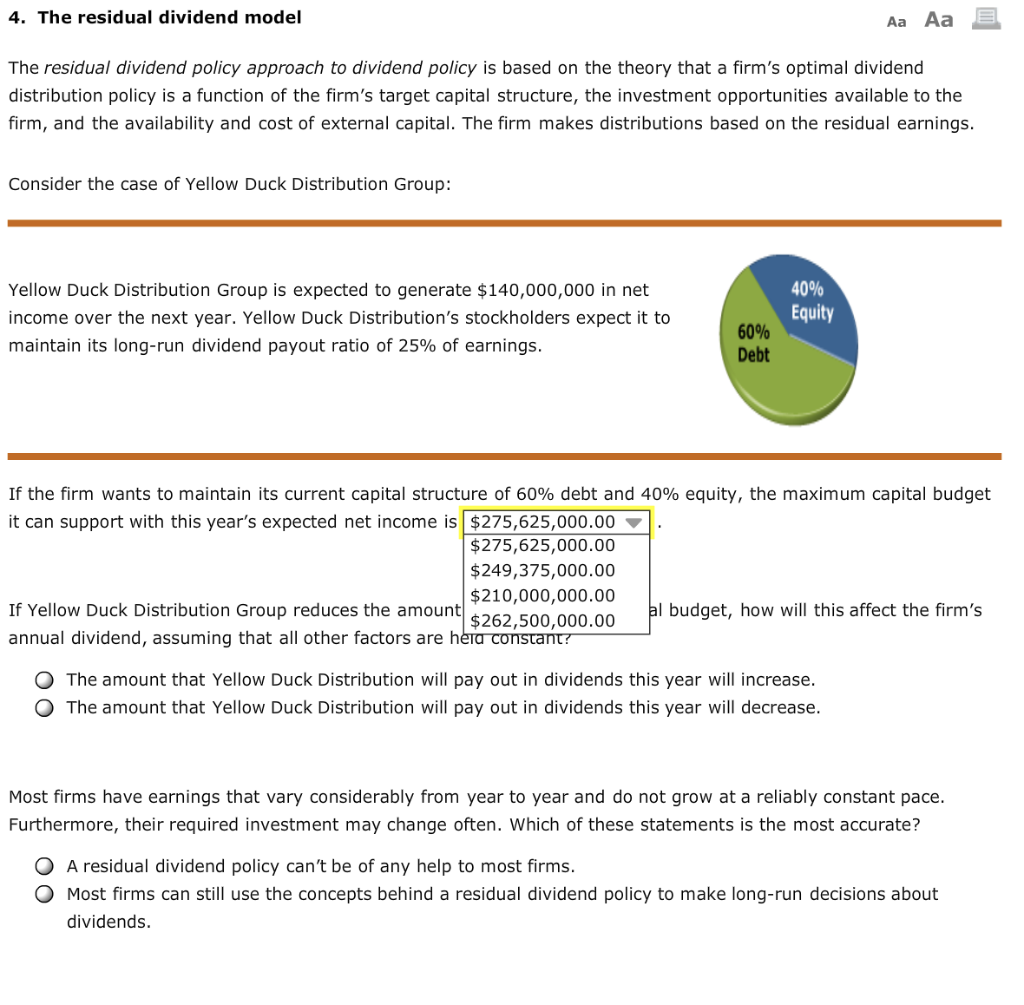 4. The residual dividend model Aa Aa The residual | Chegg.com