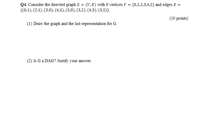 Solved Q4. Consider the directed graph G=(V,E) with 6 | Chegg.com